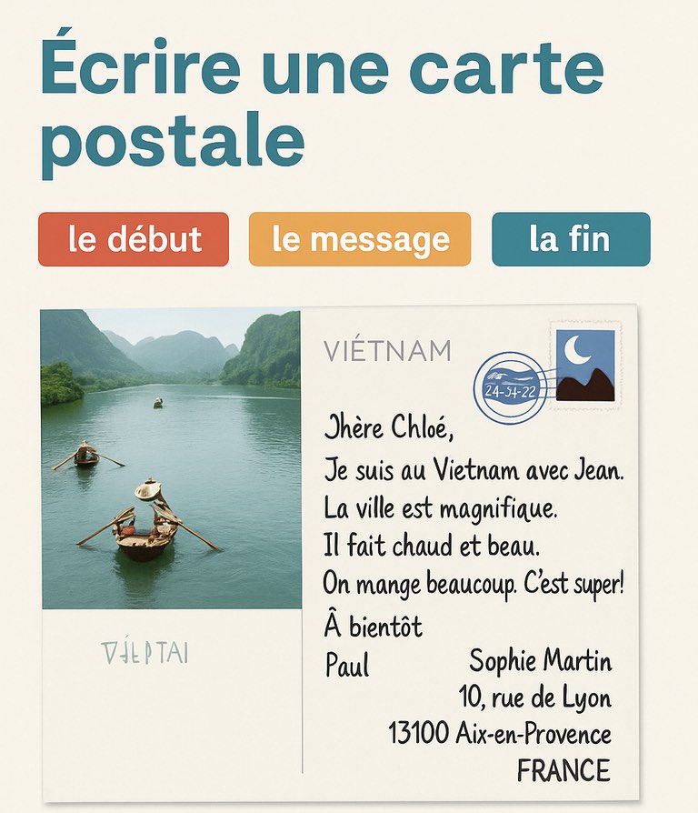 Écrire une carte postale (niveau A1, aide pour anglophones). Guide ...
